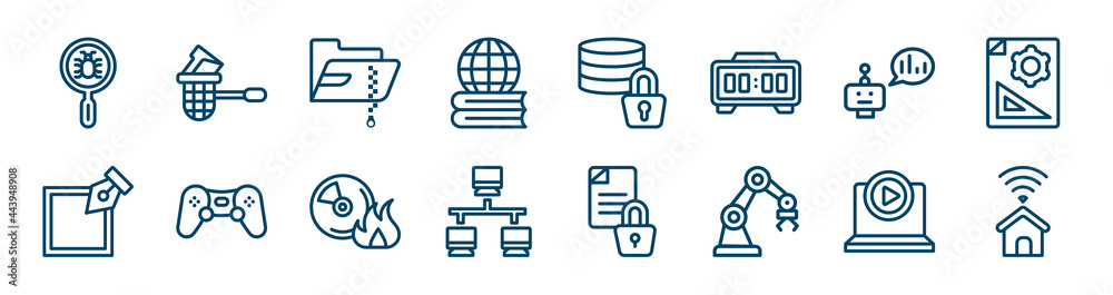 technology icons set such as stealing data, global learning, piction ...