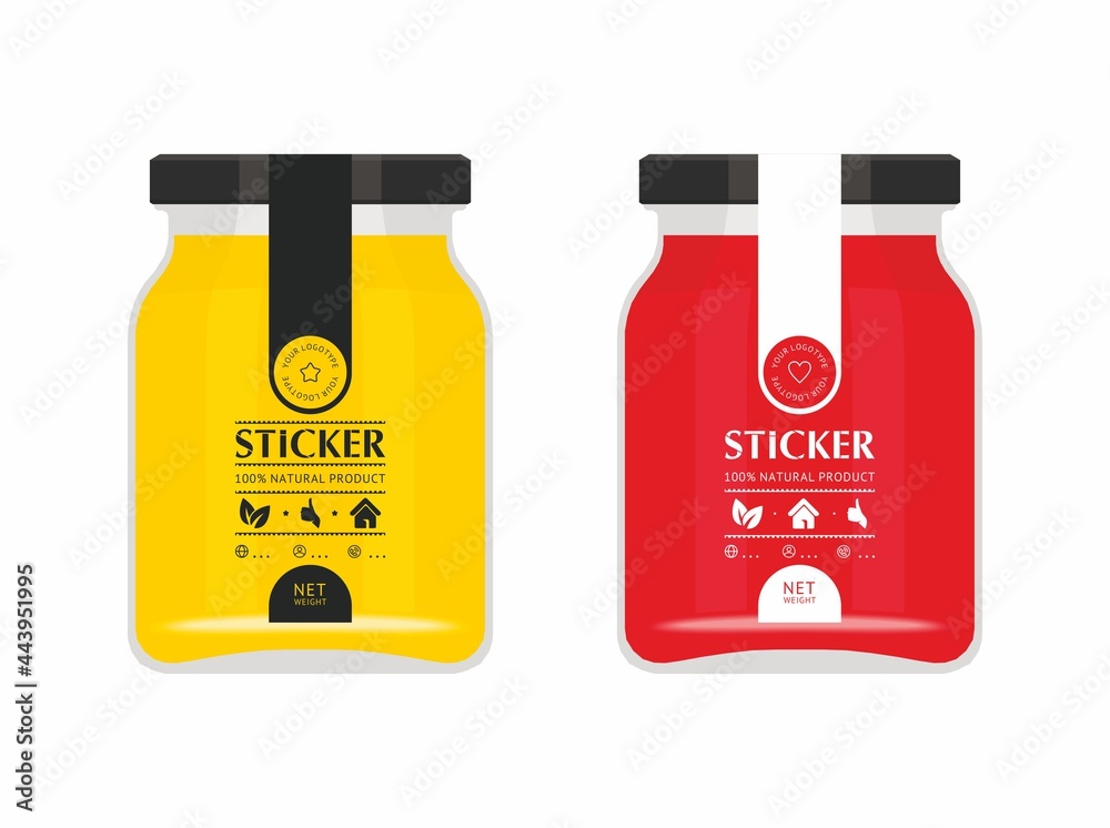 Set of vector illustrations of glass jars and stylish stickers. Jar ...