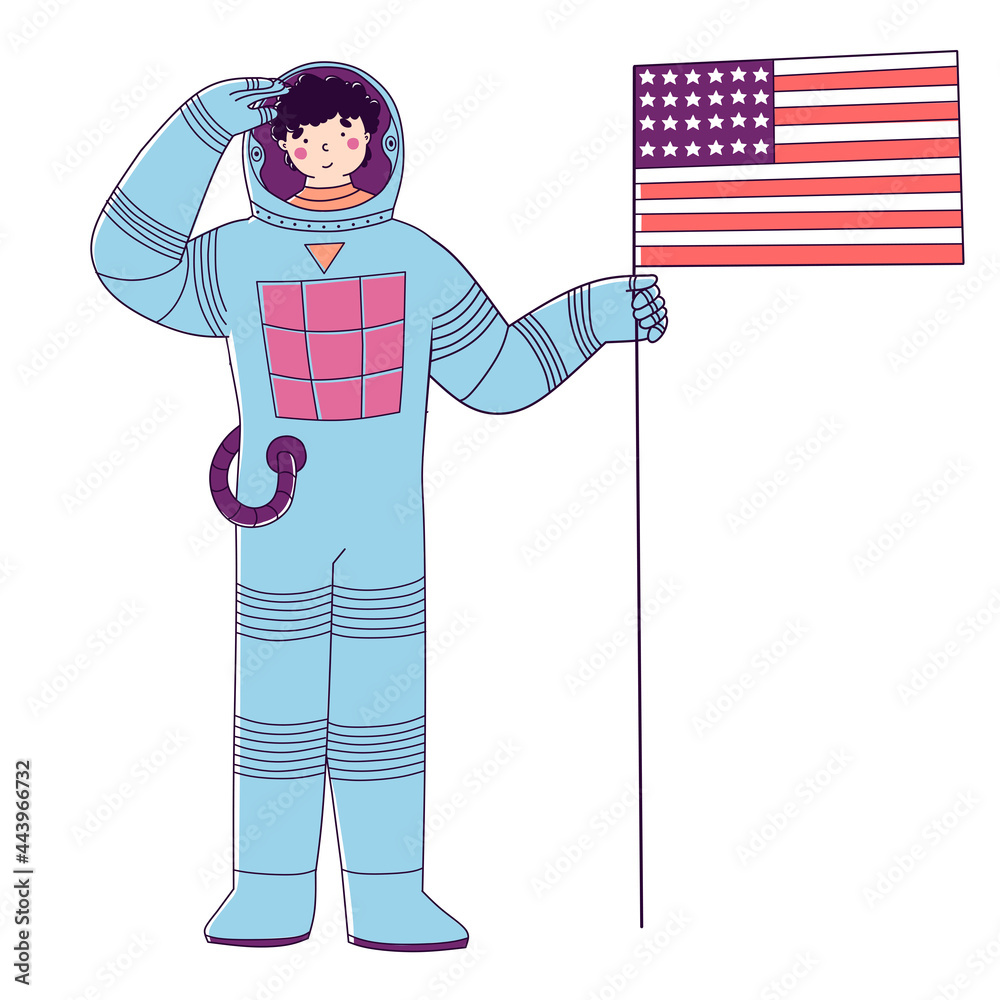 Flat cartoon character spaceman. Astronaut greeting. usa flag. Flat ...