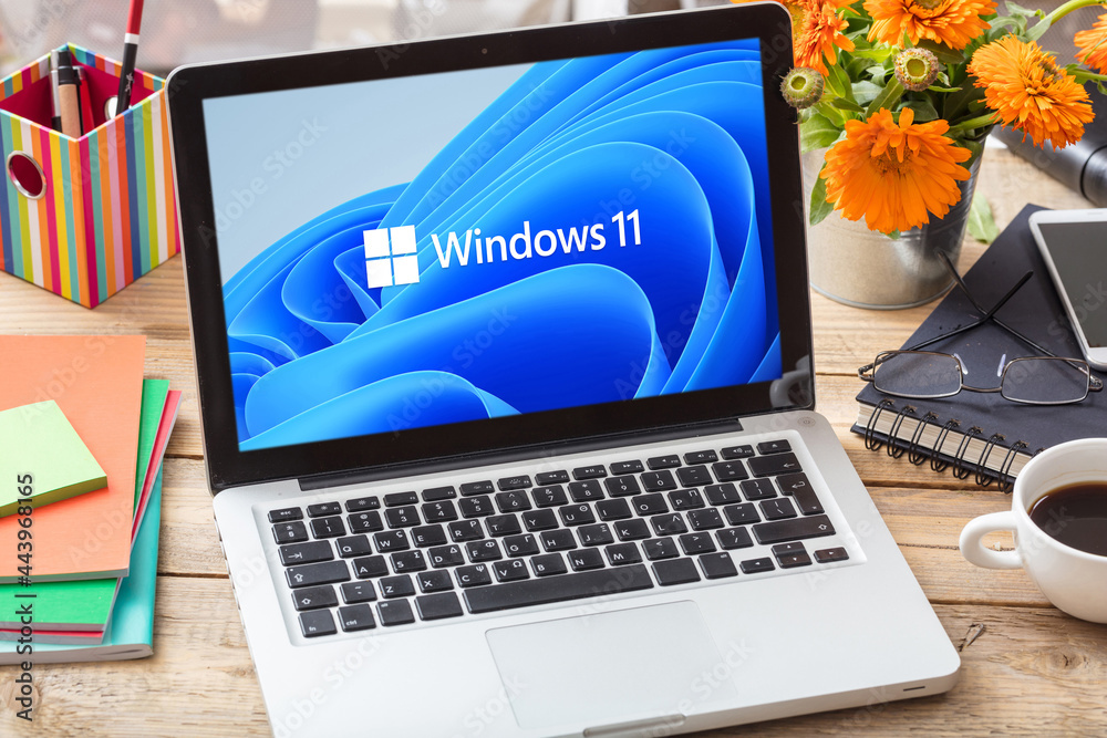 New Microsoft Windows 11 logo on computer screen Stock Photo | Adobe Stock