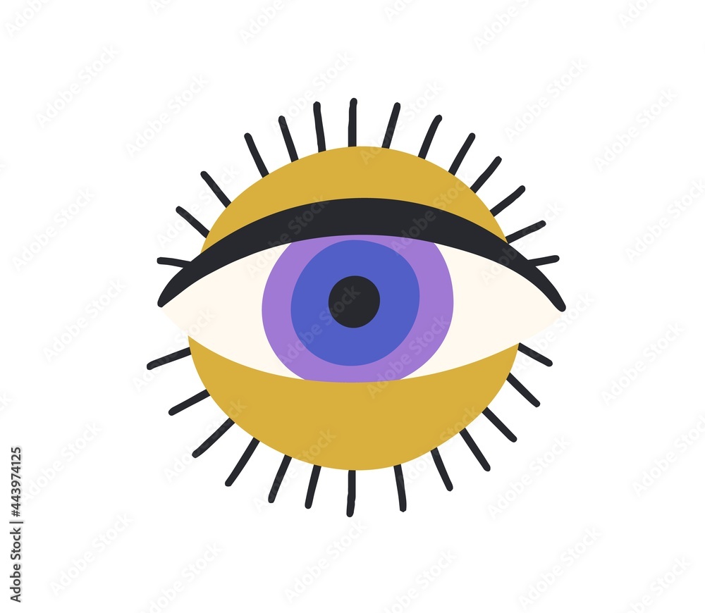 Esoteric magic eyeball over sun circle. Spiritual Ra eye in doodle ...