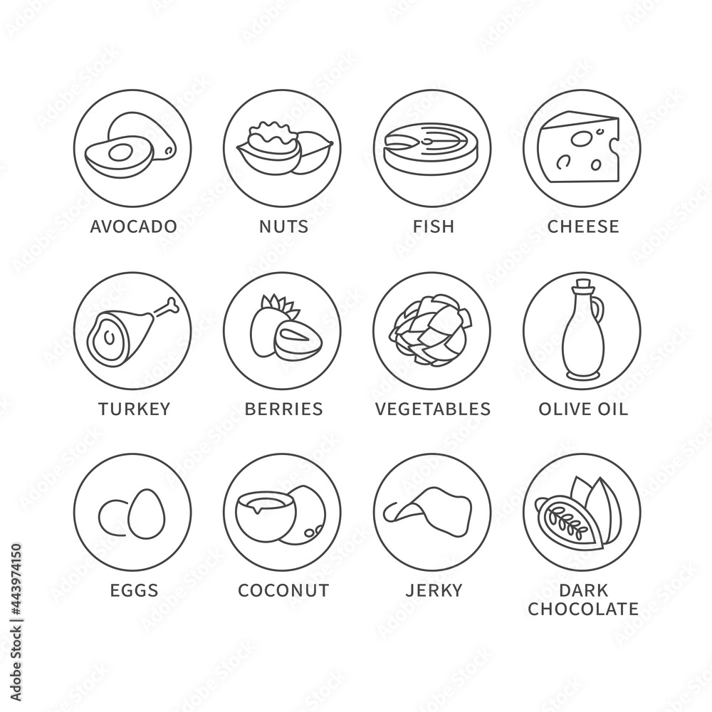 Vector set of logos, badges and icons for keto diet products ...