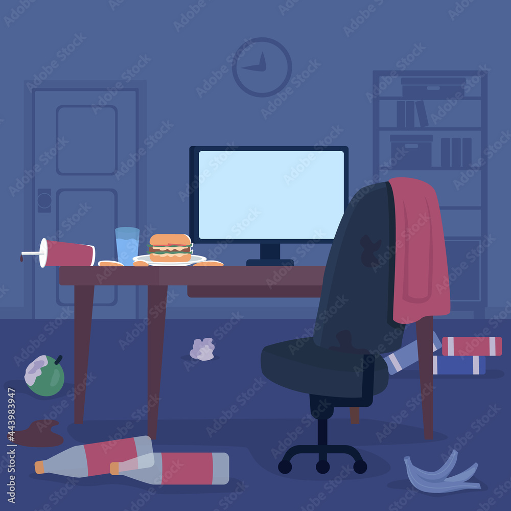 Messy bedroom flat color vector illustration. House in disorder. Gamer ...