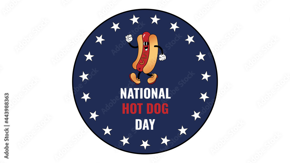 National Hot Dog Day July 21. Cartoon hot dog with mustard, American ...