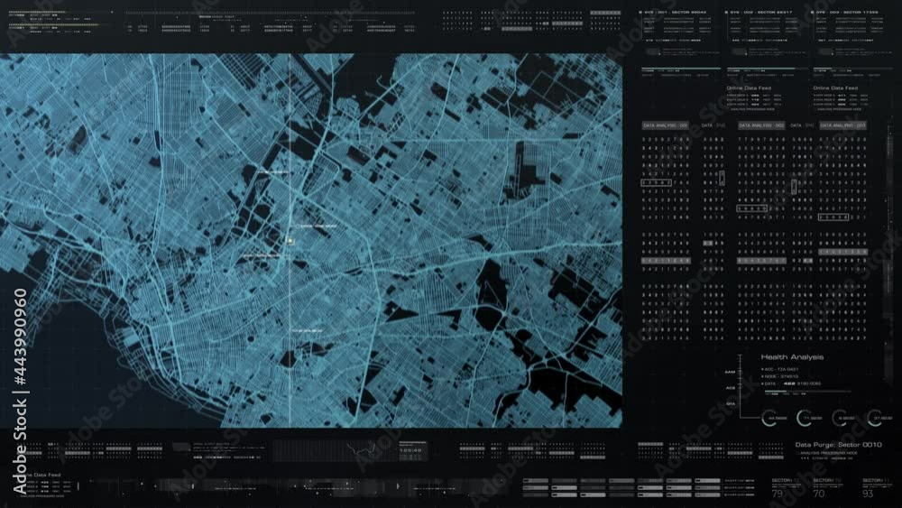 Futuristic digital city map layout with satellite GPS coordinate ...