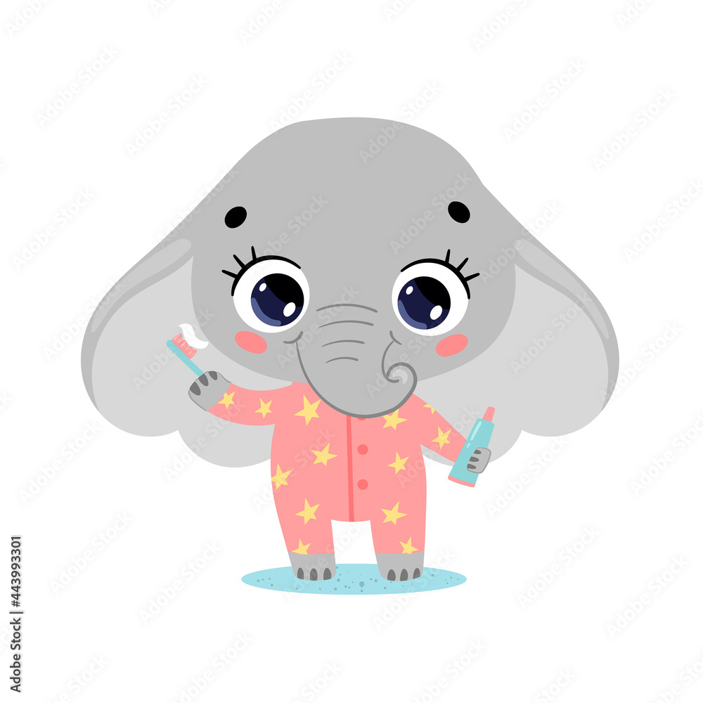 Vector flat doodle cute cartoon baby elephant brushing teeth. Animals ...