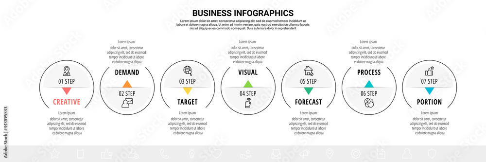 Vector line infographics template for 7 arrows and circles. Business ...