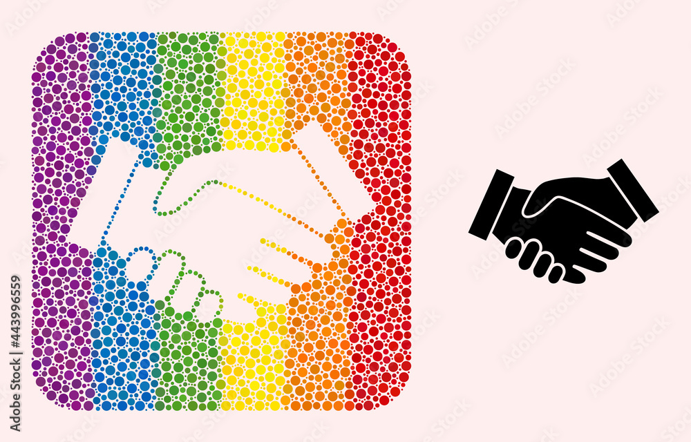 Dot mosaic handshake subtracted icon for LGBT. Rainbow colored rounded ...