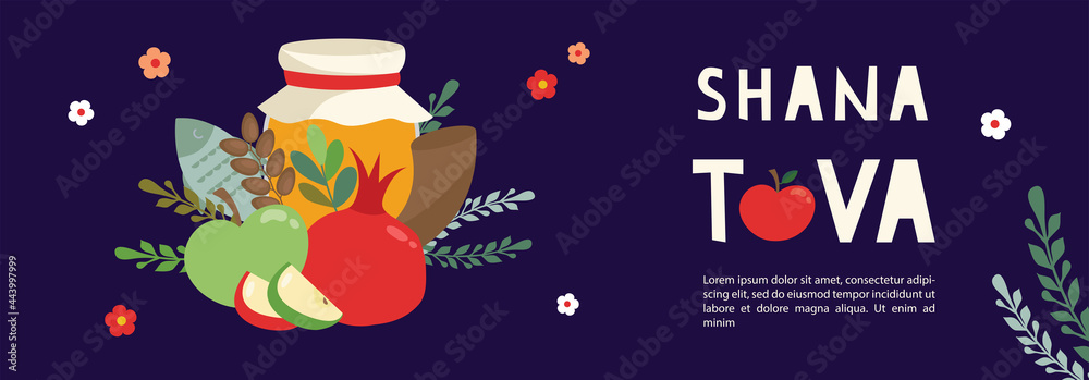 jewish new year, rosh hashanah, greeting card banner with traditional ...