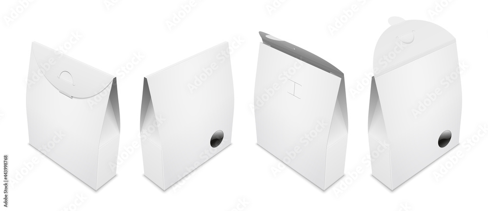 Blank white paper open and closed bag with transparent window for ...