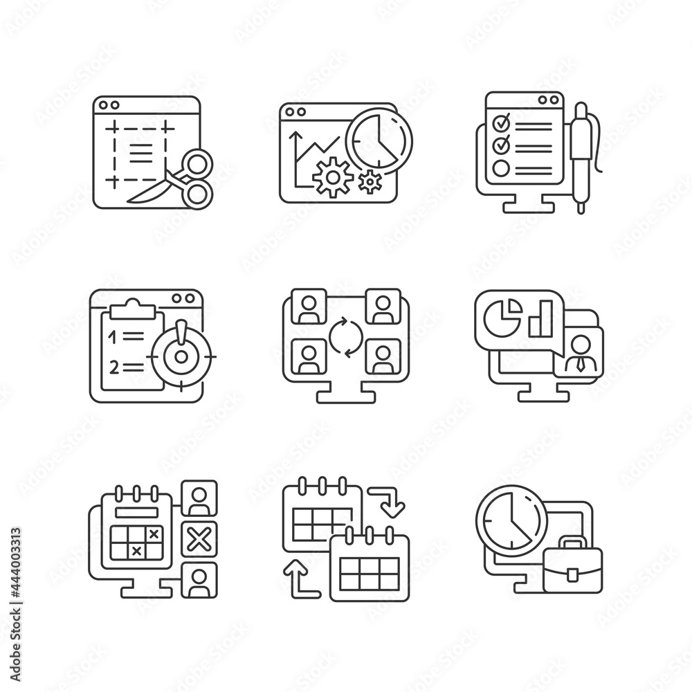 Vetor de Work monitoring tools linear icons set. Project evaluation ...