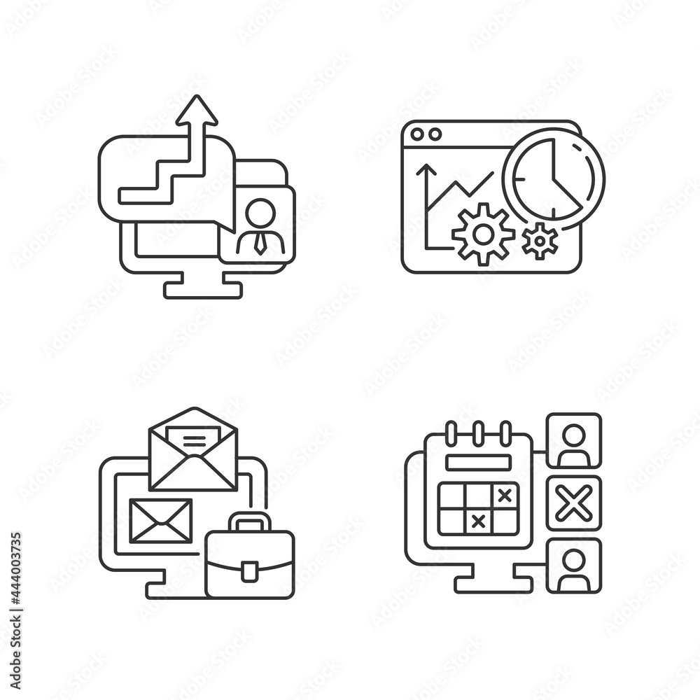 Work trackers linear icons set. Time management strategy. Employee ...