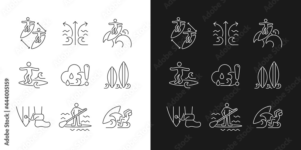 Water activities linear icons set for dark and light mode. Surfing ...