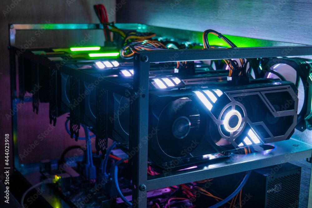 Rig of six video cards. Cryptocurrency concept. gpu render farm. Mining ...