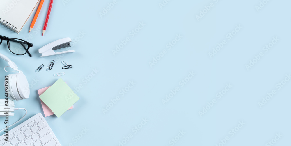 Online learning design concept. Top view of student table with computer ...