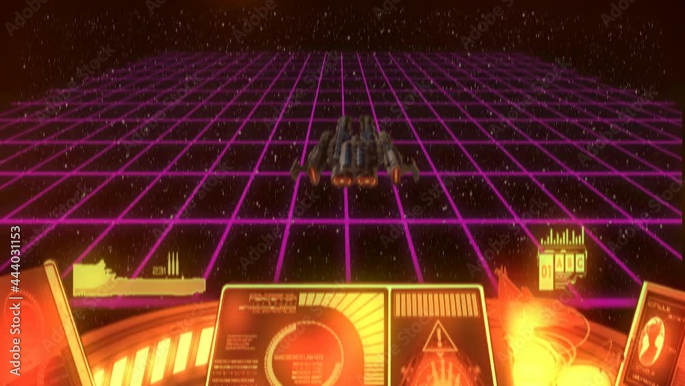 1980 style animation of a glowing spaceship cockpit flying after the ...
