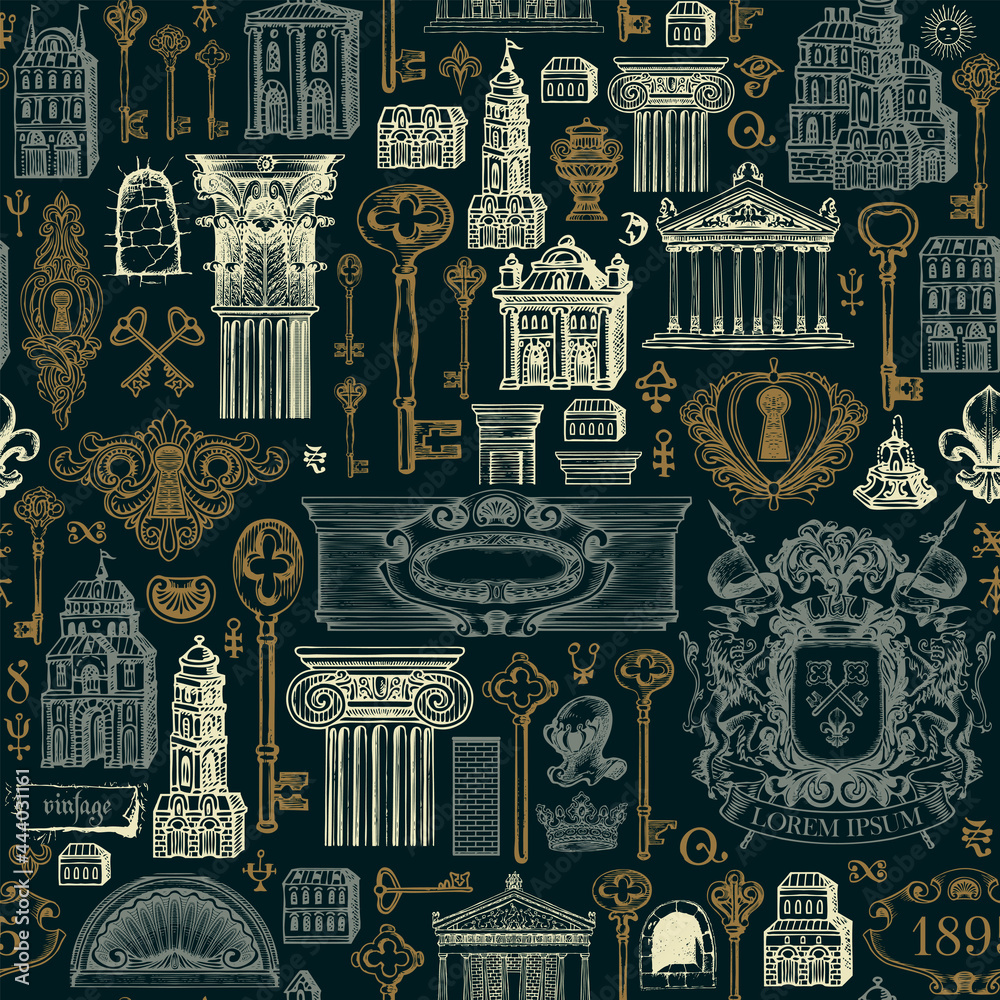 Hand-drawn seamless pattern on the theme of ancient architecture and ...