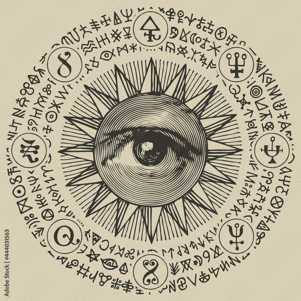 Vector banner with an all-seeing eye inside the sun, esoteric signs ...