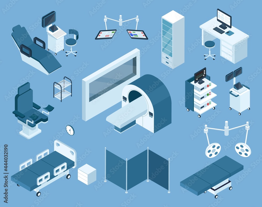 Isometric medical equipment. Mri, hospital bed, patient monitoring ...