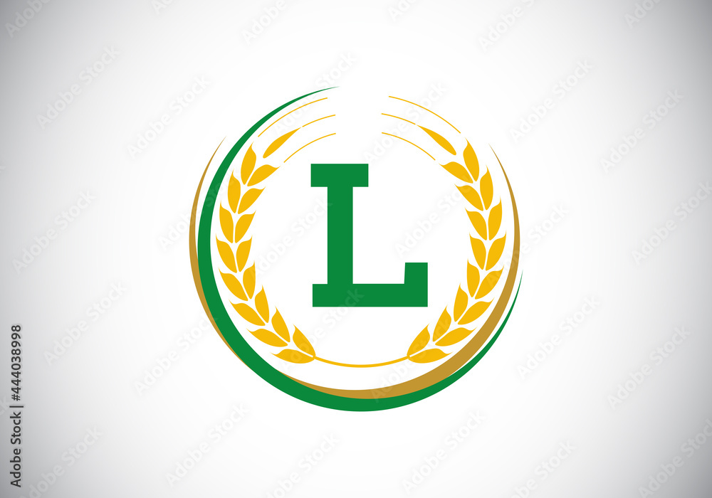 Initial letter L sign symbol with wheat ears wreath. Organic wheat ...