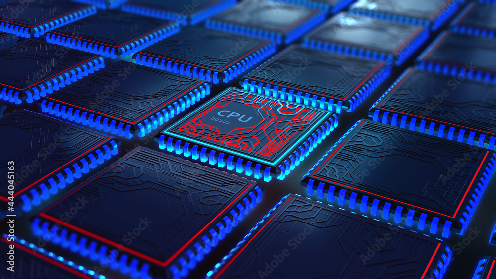 Futuristic CPU. Database, data center. Quantum processor in global ...