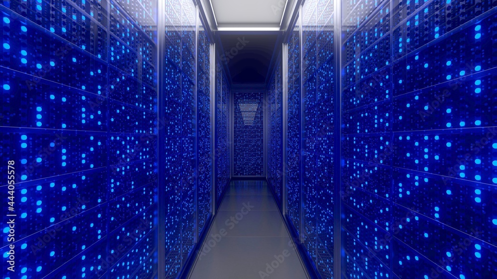 Server racks in computer network security server room data center. 3d ...