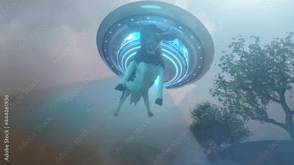 Vidéo Stock Cow abducted by a UFO on the farm pulling of the alien spacecraft render 3d | Adobe ...
