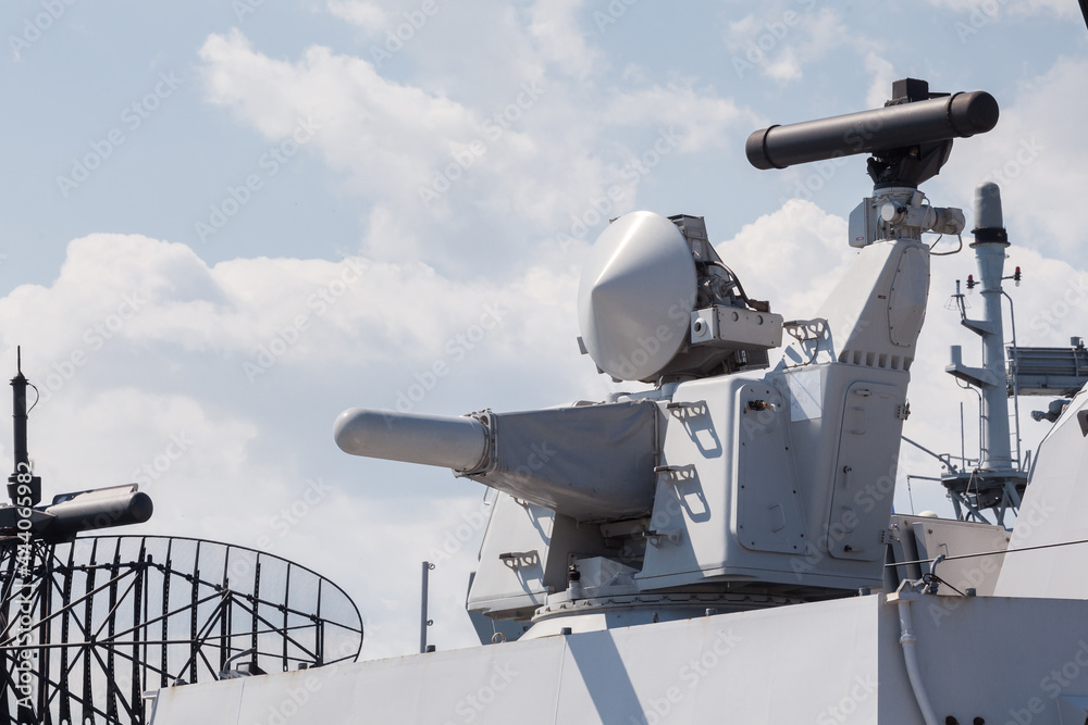 Modern weapons on the deck of a military ship. Weapon system for ...