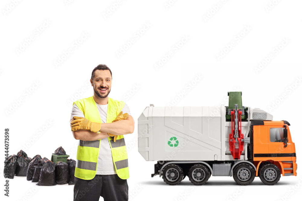 Waste collector in a uniform with a garbage truck Stock Photo | Adobe Stock