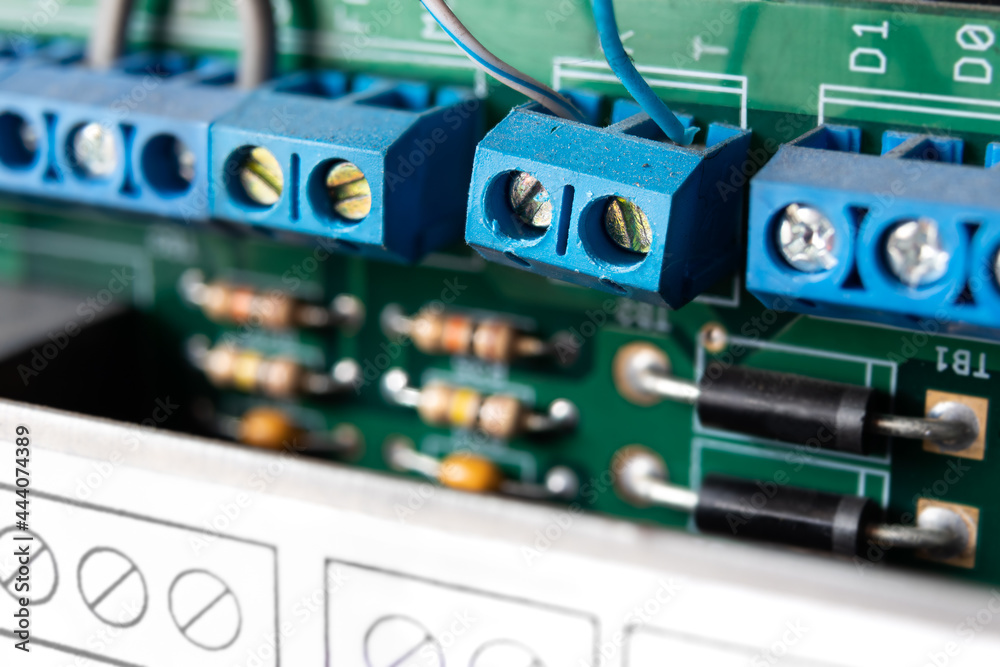 Terminal blocks for the transmission of IO signals. Close up. Selective ...