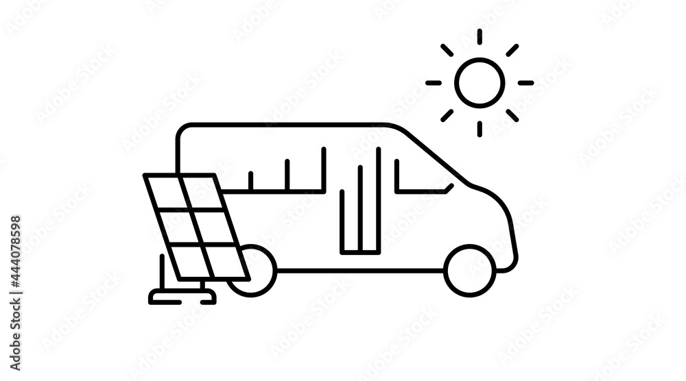Eco-friendly motorhome vector outline icon. Solar panel with van bus ...