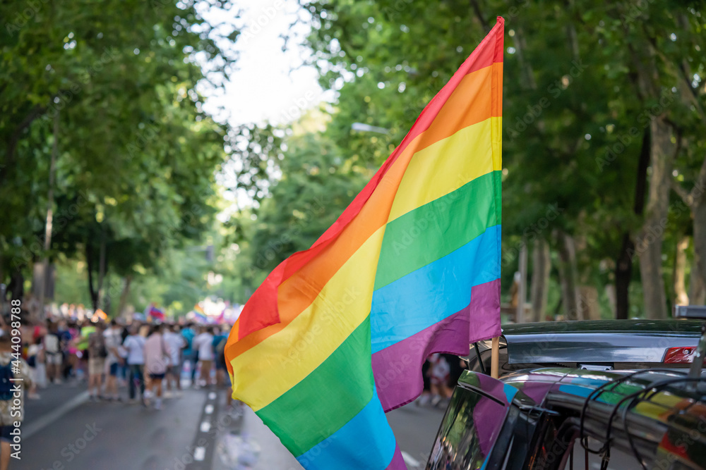 Rainbow gay flag during the demonstration for the rights of homosexuals ...