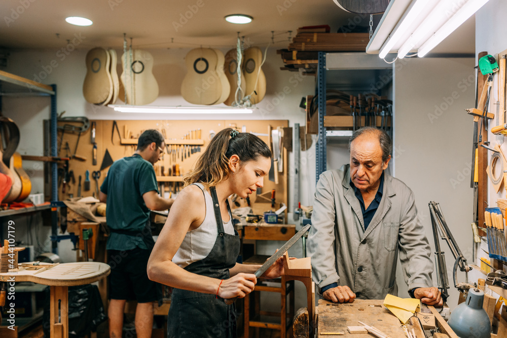 Luthiers working in traditional guitar making business Stock Photo ...