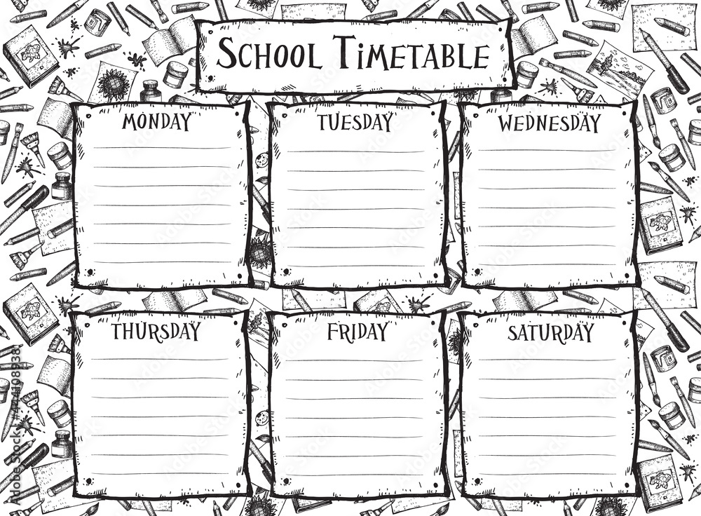 Vector template school timetable. Hand drawn background with school ...