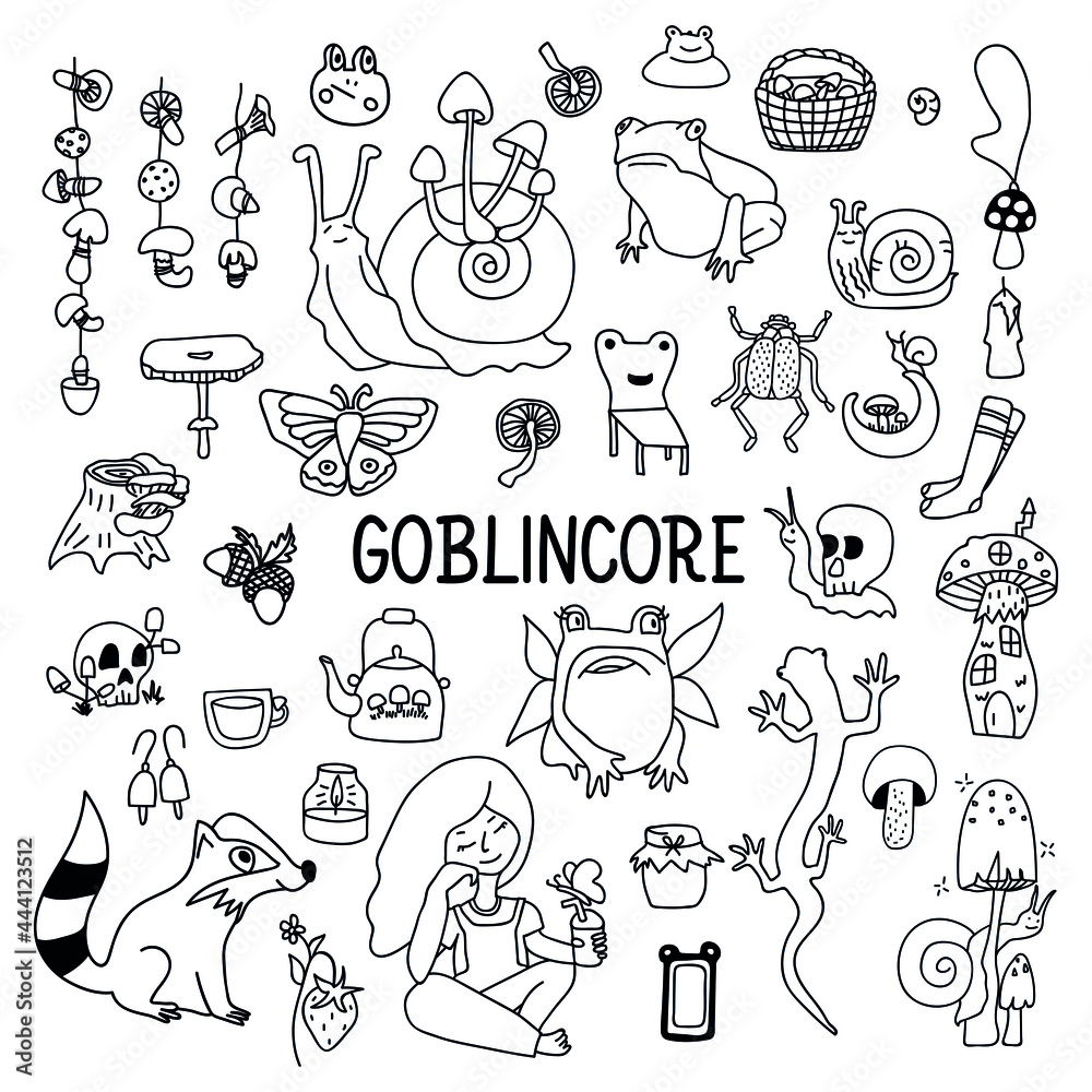 Big set of goblincore doodle with snail, strawberry, frog, girl, teapot ...