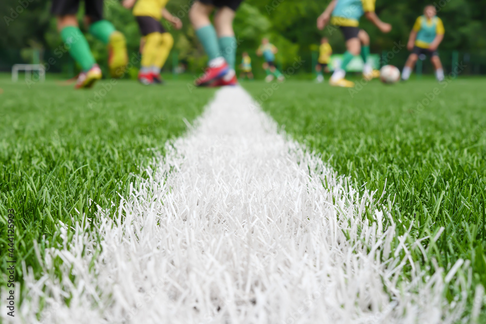 Team on football ground. Match training school soccer field lines ...