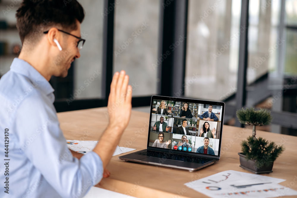 Caucasian successful businessman having virtual online meeting with ...