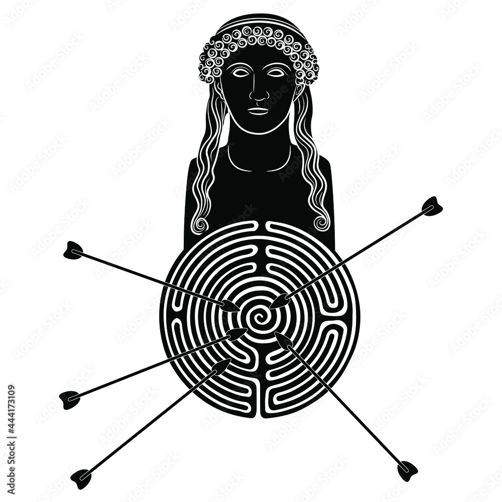 Helen of troy. Bust of antique goddess with round spiral maze or ...