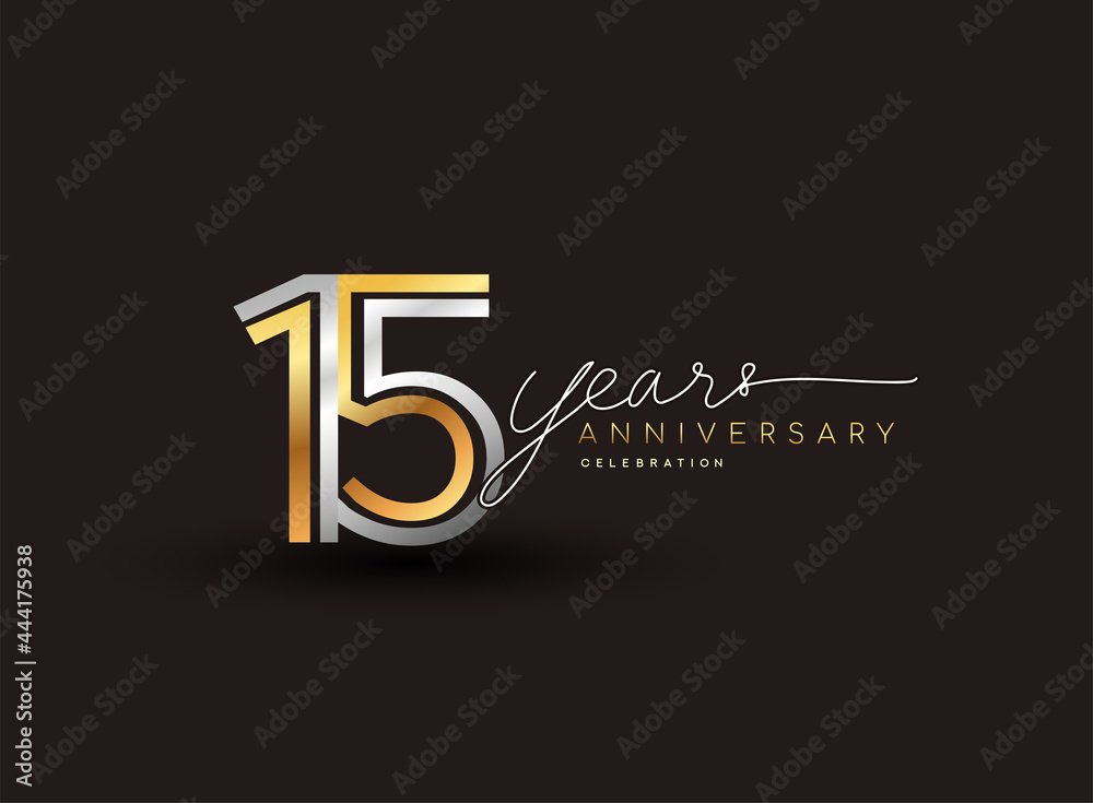 15th years anniversary logotype with multiple line silver and golden ...