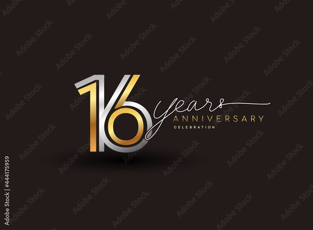 16th years anniversary logotype with multiple line silver and golden ...