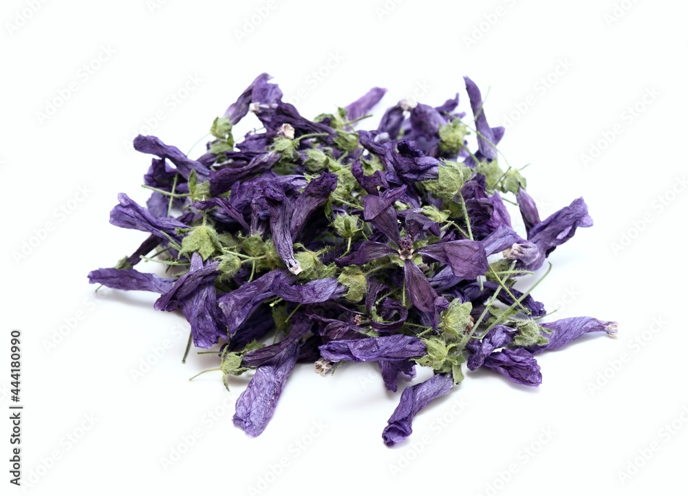 Flowers of dried Wild mallow, lat. Malva sylvestris on white background ...