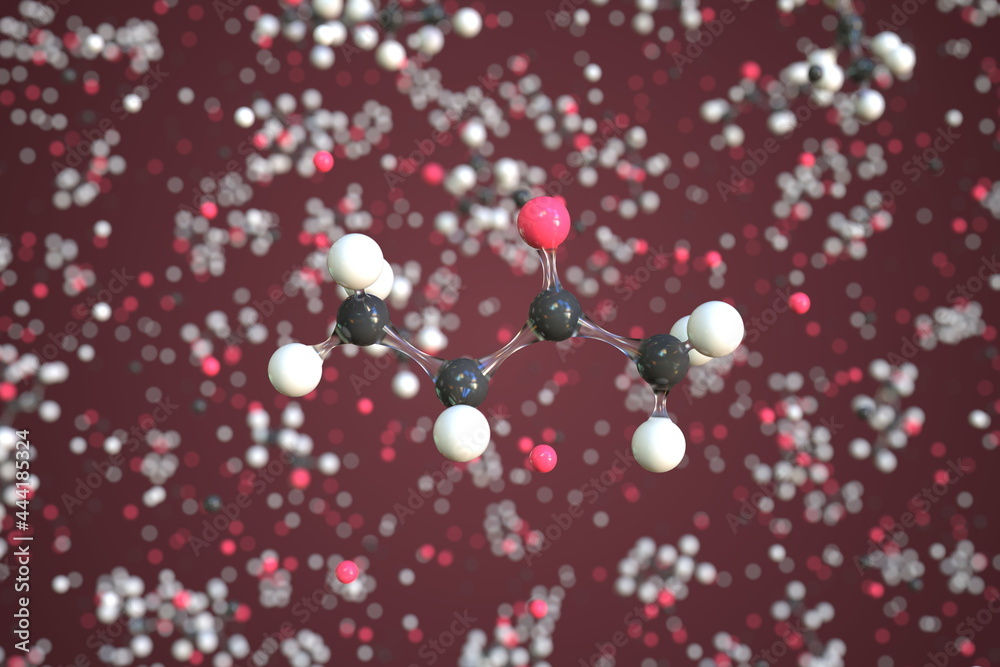 Methyl ethyl ketone molecule, scientific molecular model, 3d rendering ...