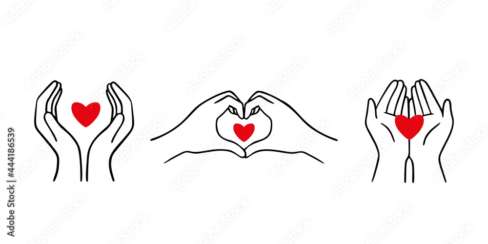 Hands with hearts. Give and share your love to people. Vector doodle ...