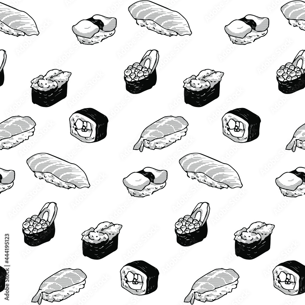 Hand draw background design for Japanese food Sushi. the seamless ...