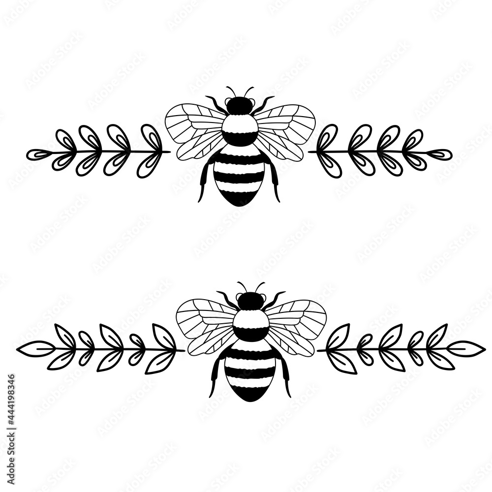 Bee monogram. Text divider set. Floral border. Outline drawing. Line ...