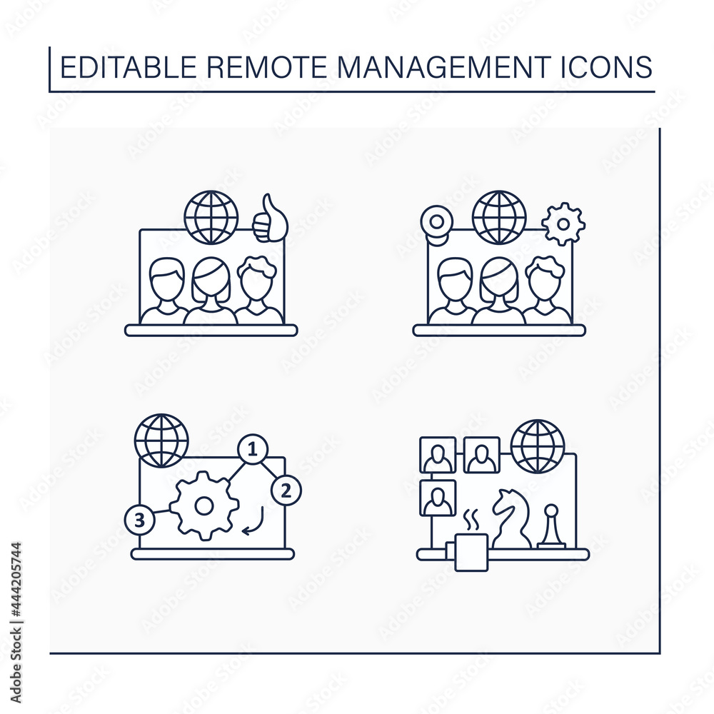 Remote command management line icons set. Remote working culture, team ...