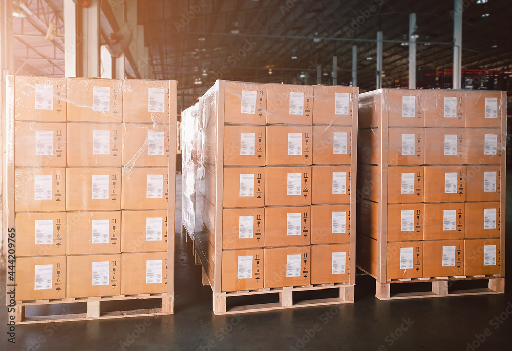 Stacked of Package Boxes Wrapped Plastic Flim on pallets with L-Shape ...
