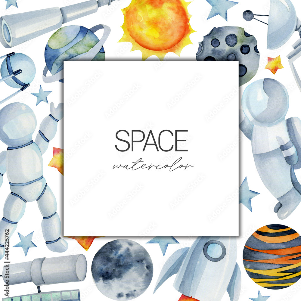 Square frame of watercolor space elements (astronaut, rocket, satellite ...