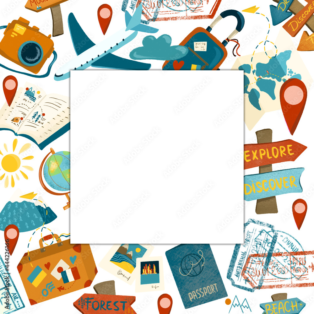 Square frame border of travel and tourism elements, hand drawn ...