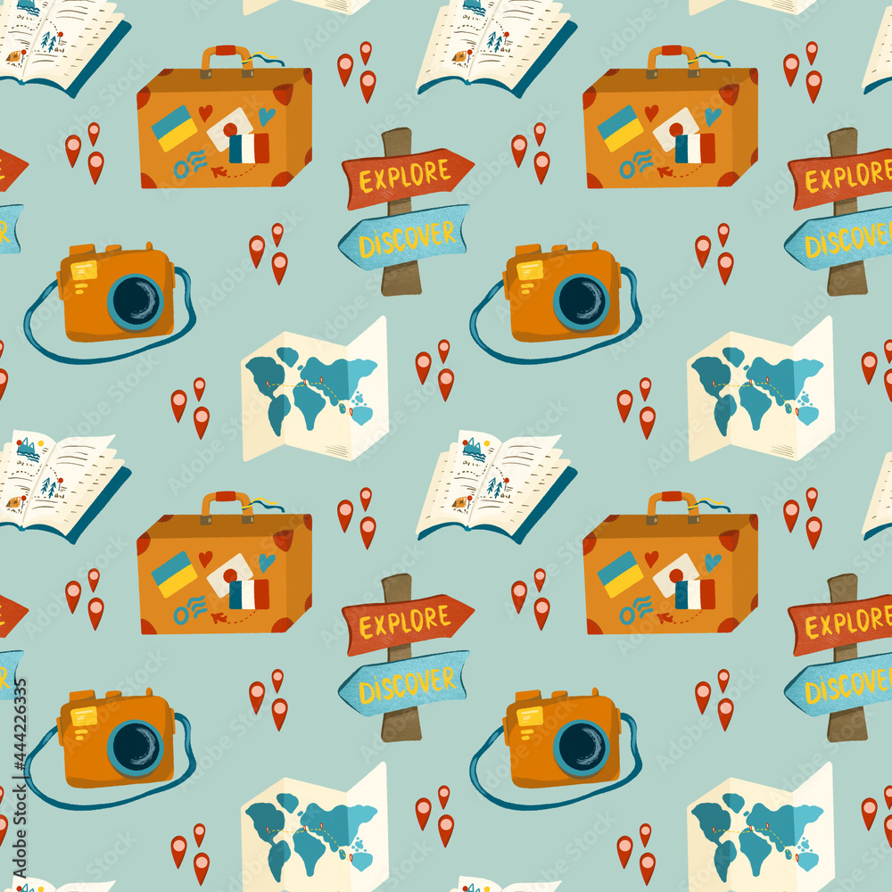 Seamless pattern of travel and adventure elements (camera, map, travel ...